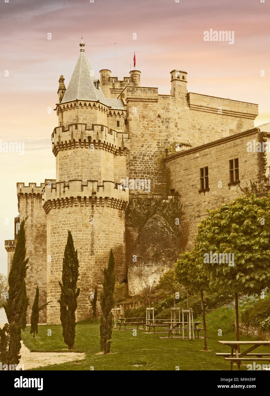 Toned image of old medieval castle. Olite, Navarre Stock Photo - Alamy