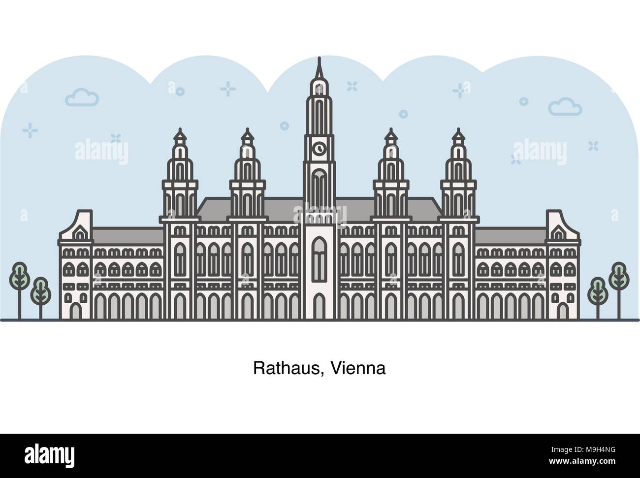 Vector line illustration of Vienna City Hall (Rathaus), Vienna, Austria ...