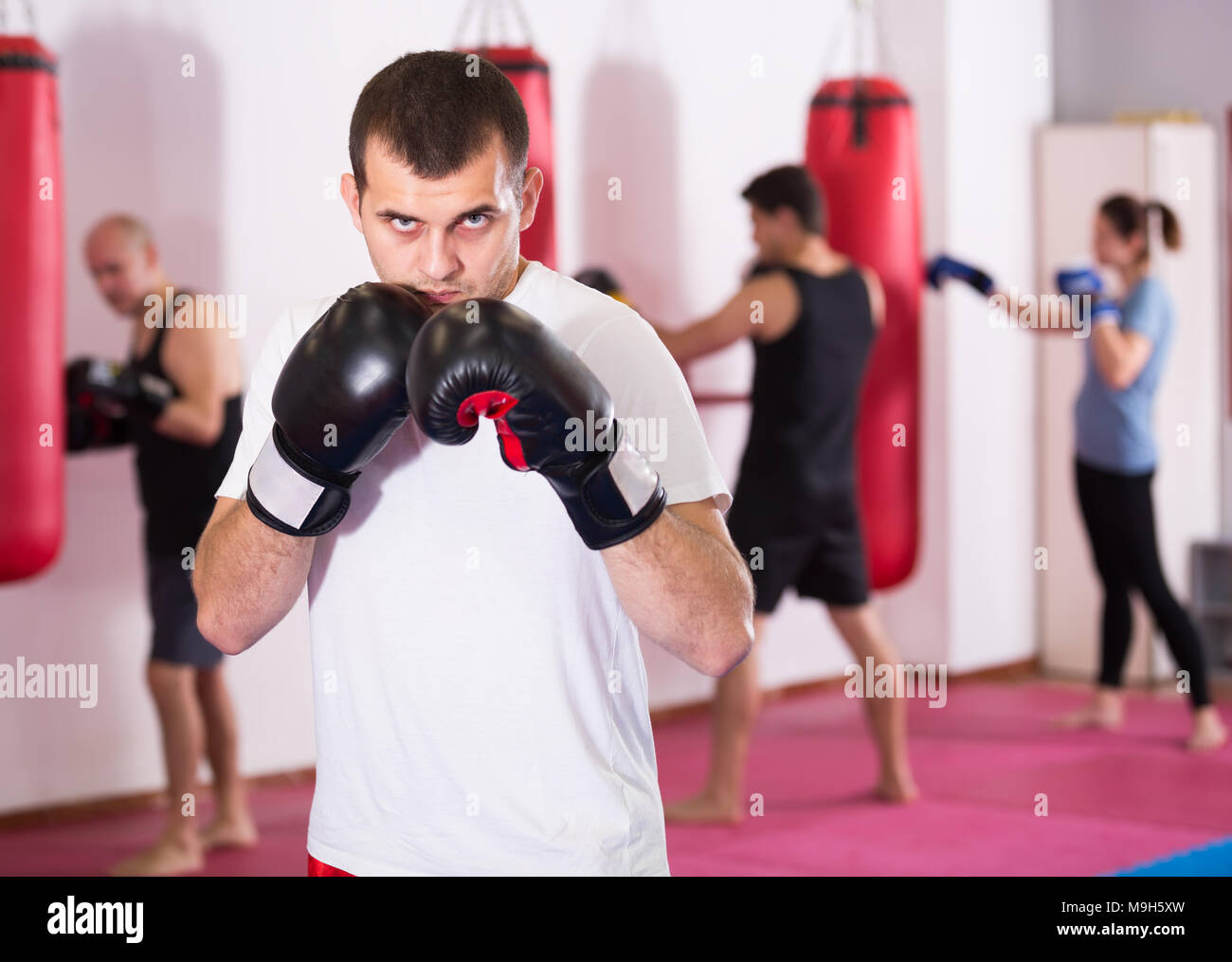 calm sportsman in the boxing hall practicing boxing punches during ...