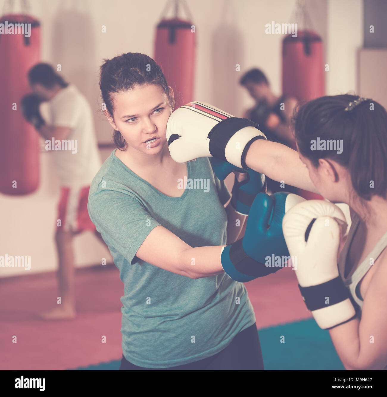 Two young athlete girls practicing boxing sparring at box class Stock ...