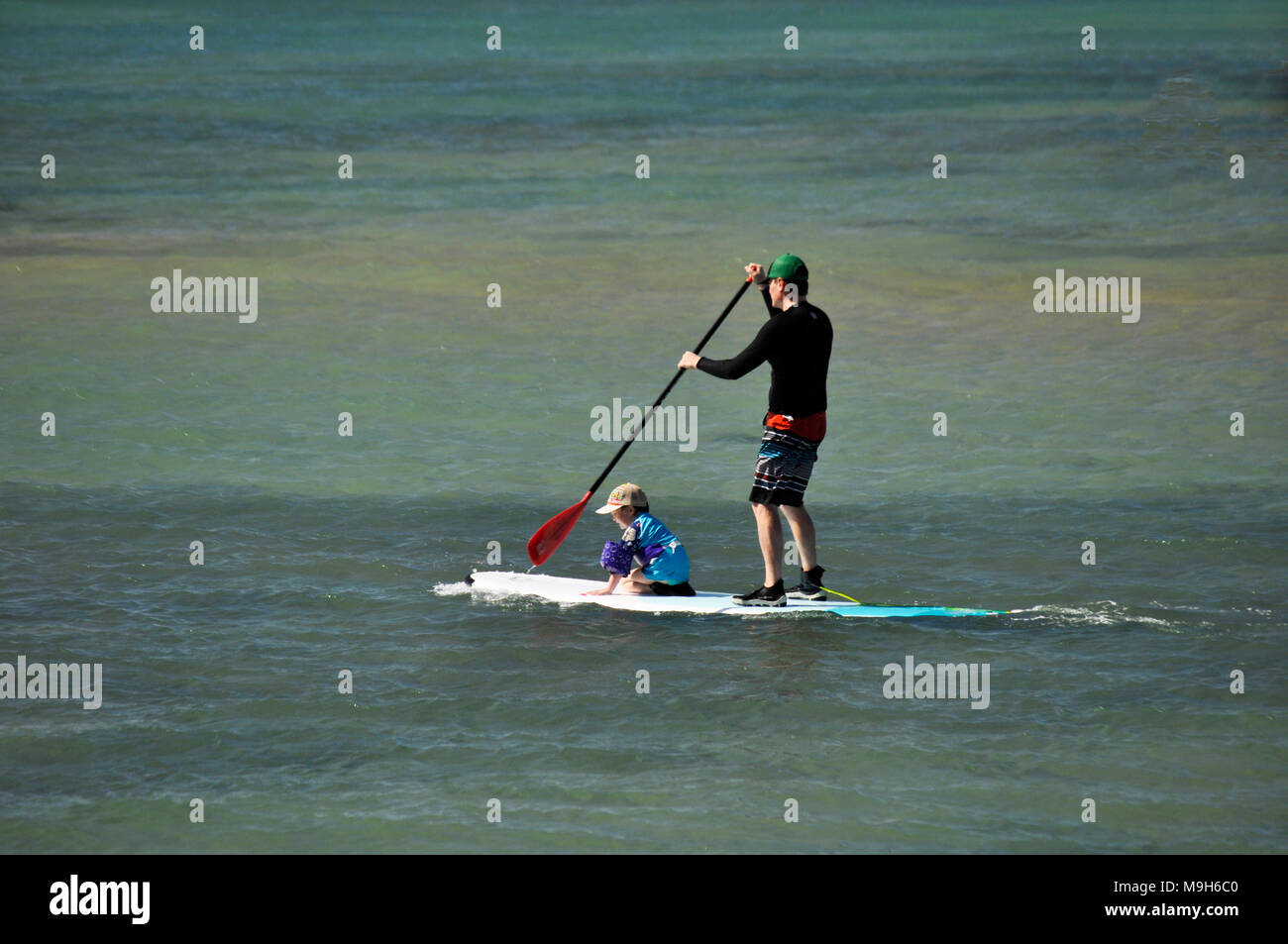 An adult and a child paddling across the water, Maui, Hawaii, USA Stock ...