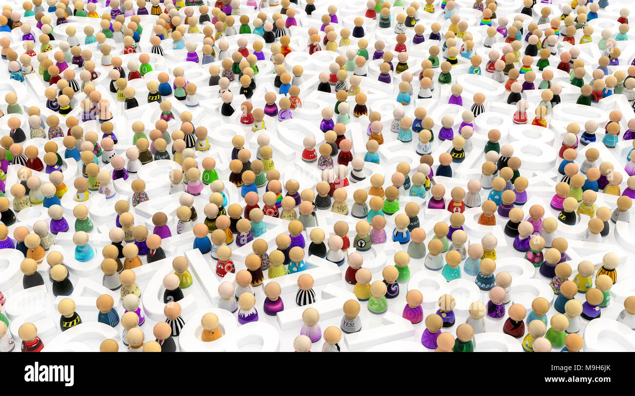 Crowd of small symbolic figures among white numbers, 3d illustration ...