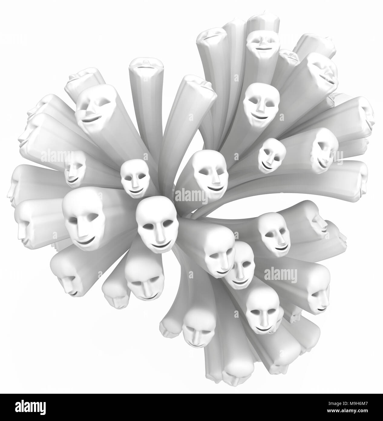 Mask heads group sculpture stretching surreal, 3d illustration ...
