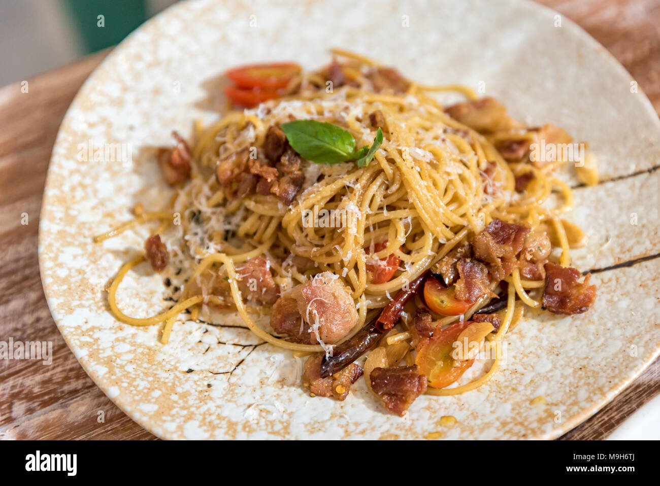 Pasta Carbonara. Spaghetti with bacon, parsel and parmesan cheese ...