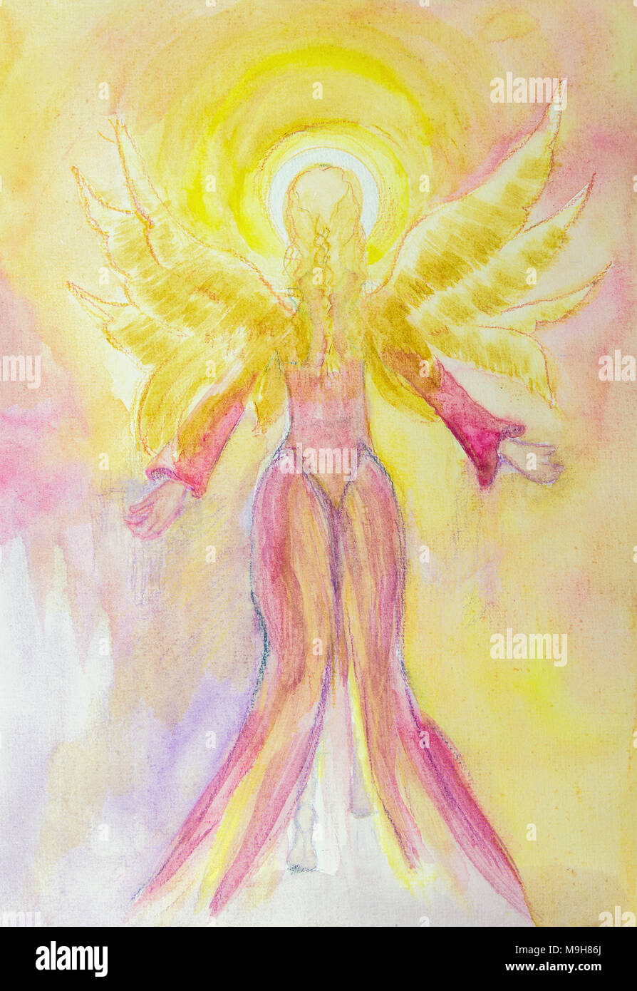 Female angel with a red dress looking to the light. The dabbing ...