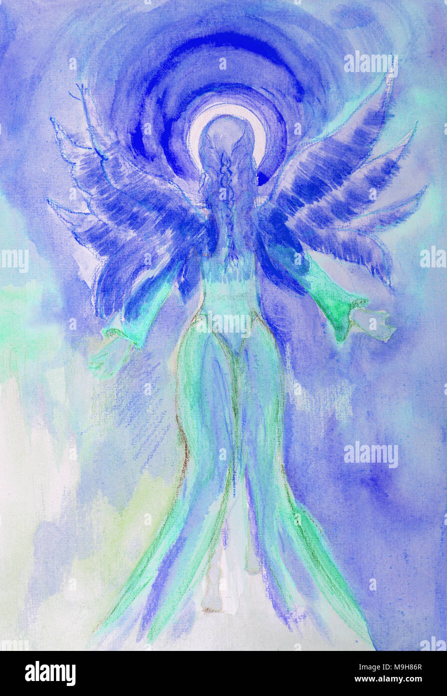 Blue female angel looking to the light. The dabbing technique gives a ...