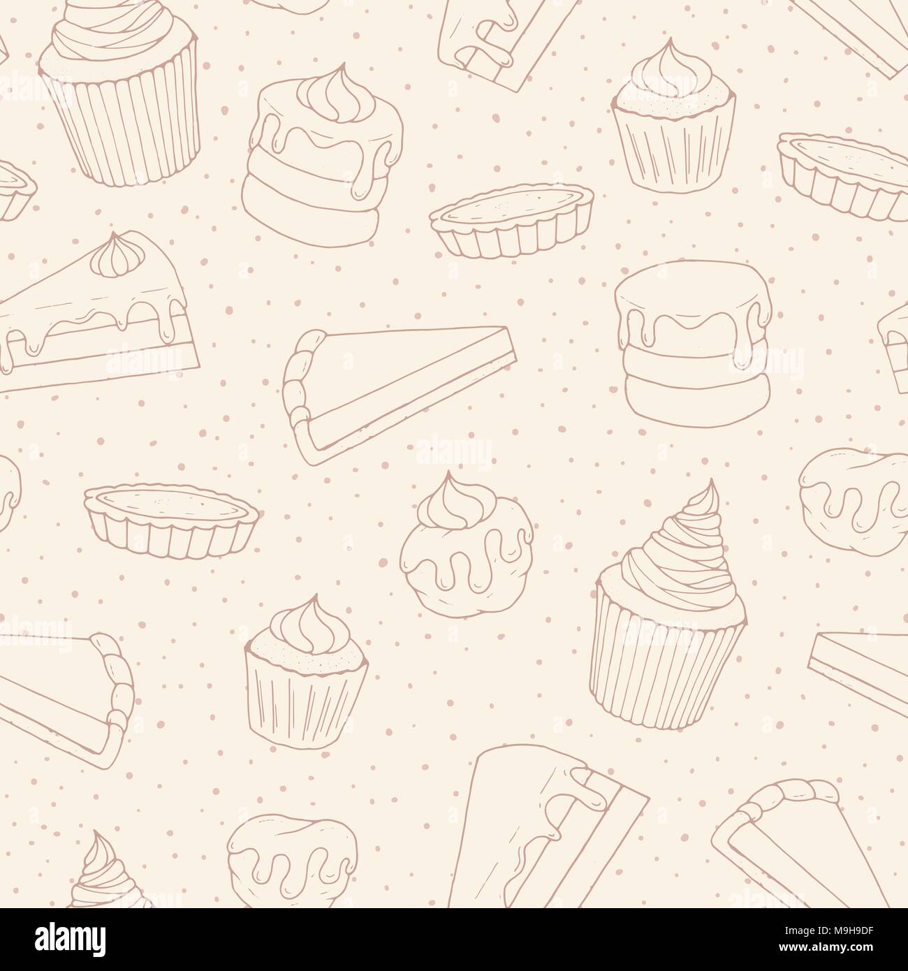 Vector pastry seamless pattern with cakes, pies, muffins and eclairs ...