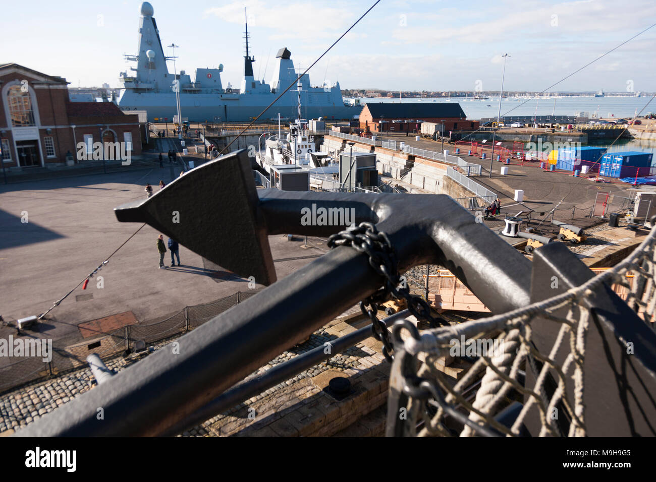 View over anchor on starboard side of Admiral Lord Nelson's flagship ...