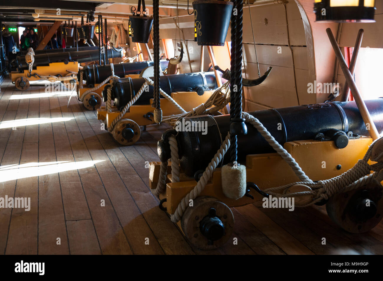 Gun deck & gun ports, with muzzle loading cannons, of Admiral Lord ...
