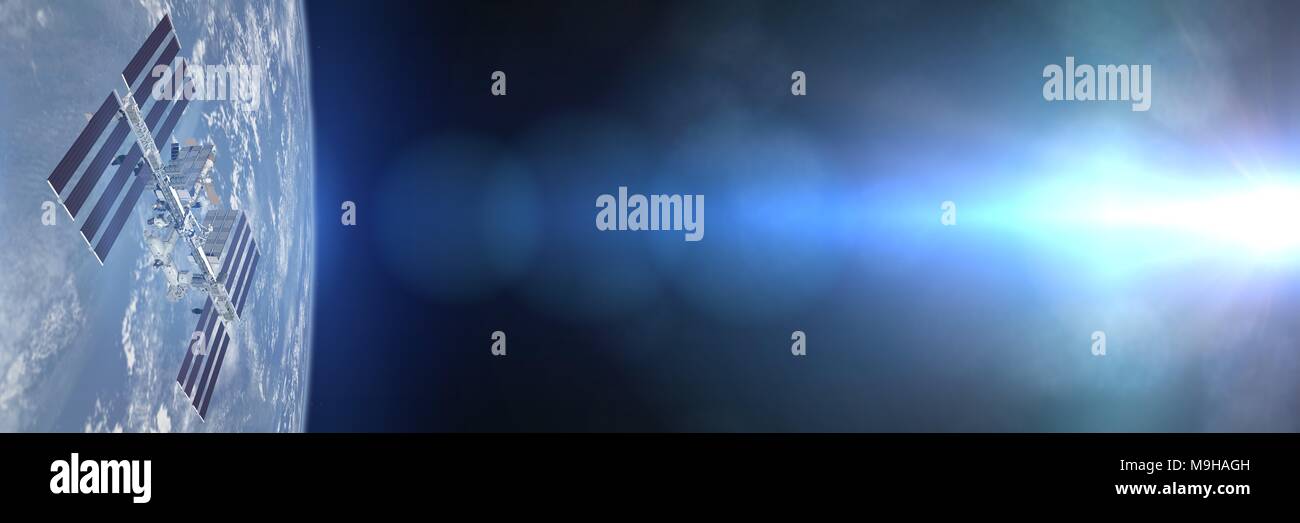 ISS lit by the Sun, International Space Station orbiting Earth Stock ...