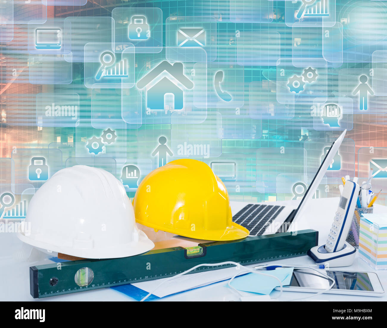 Safety hardhats on desk in engineer office on virtual whiteboard ...