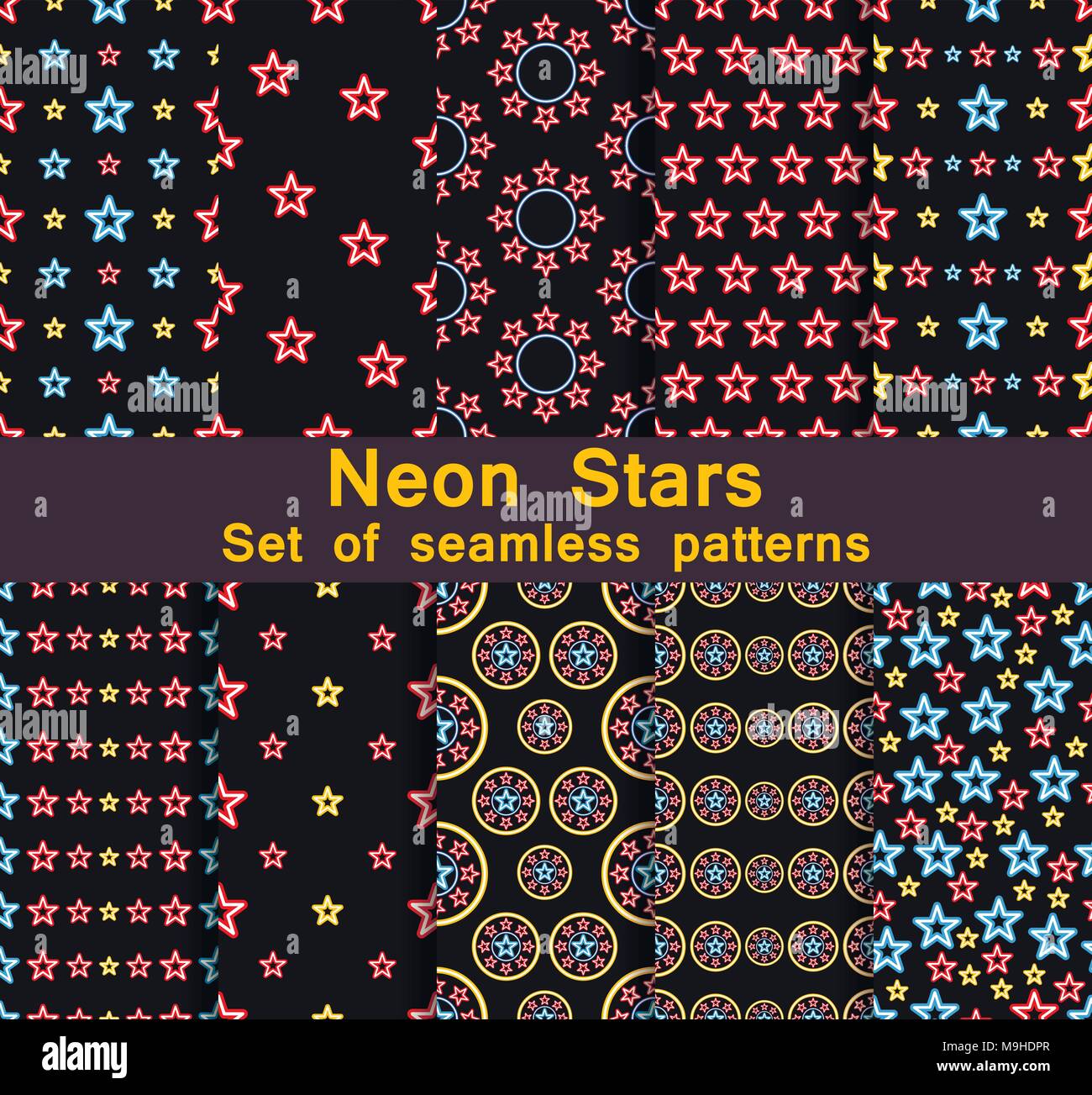 Neon stars seamless pattern set. Collection of backgrounds with five ...
