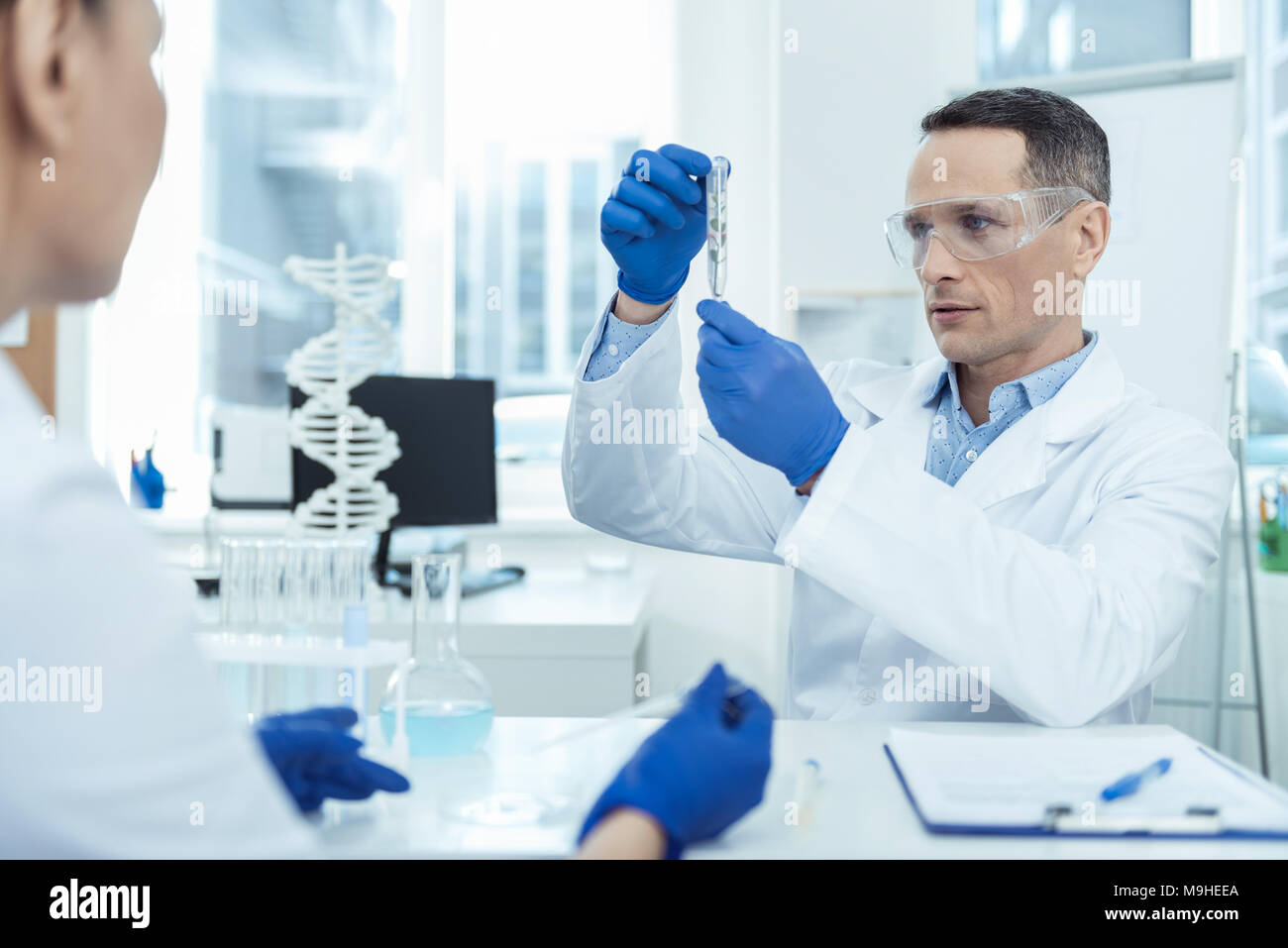 Concentrated smart scientist holding a test tube Stock Photo - Alamy