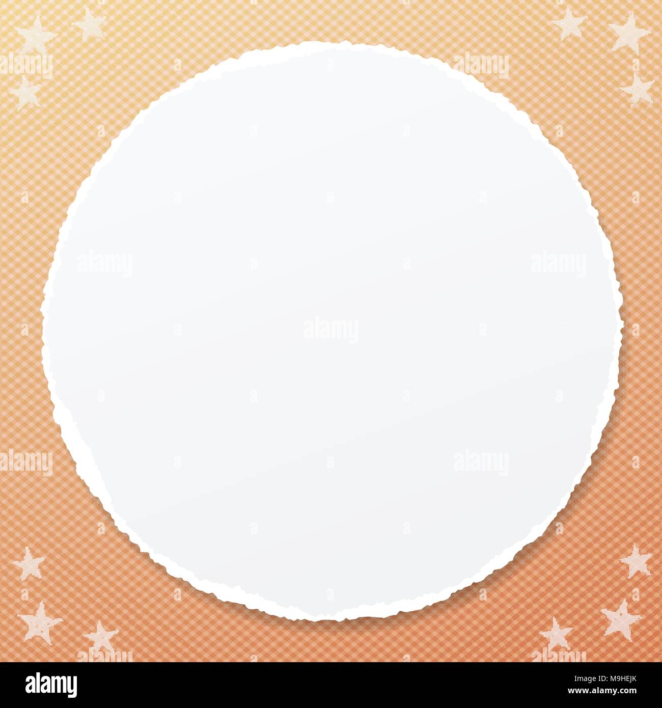 Torn white round blank note, notebook paper stuck on orange squared ...