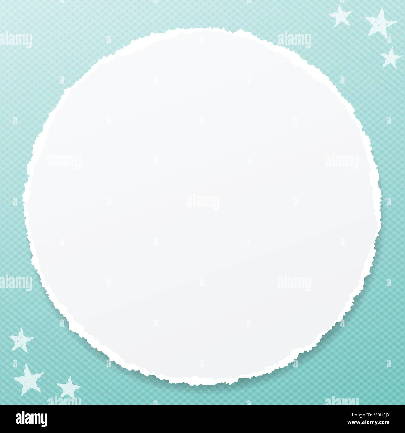 Torn white round blank note, notebook paper stuck on turquoise squared ...