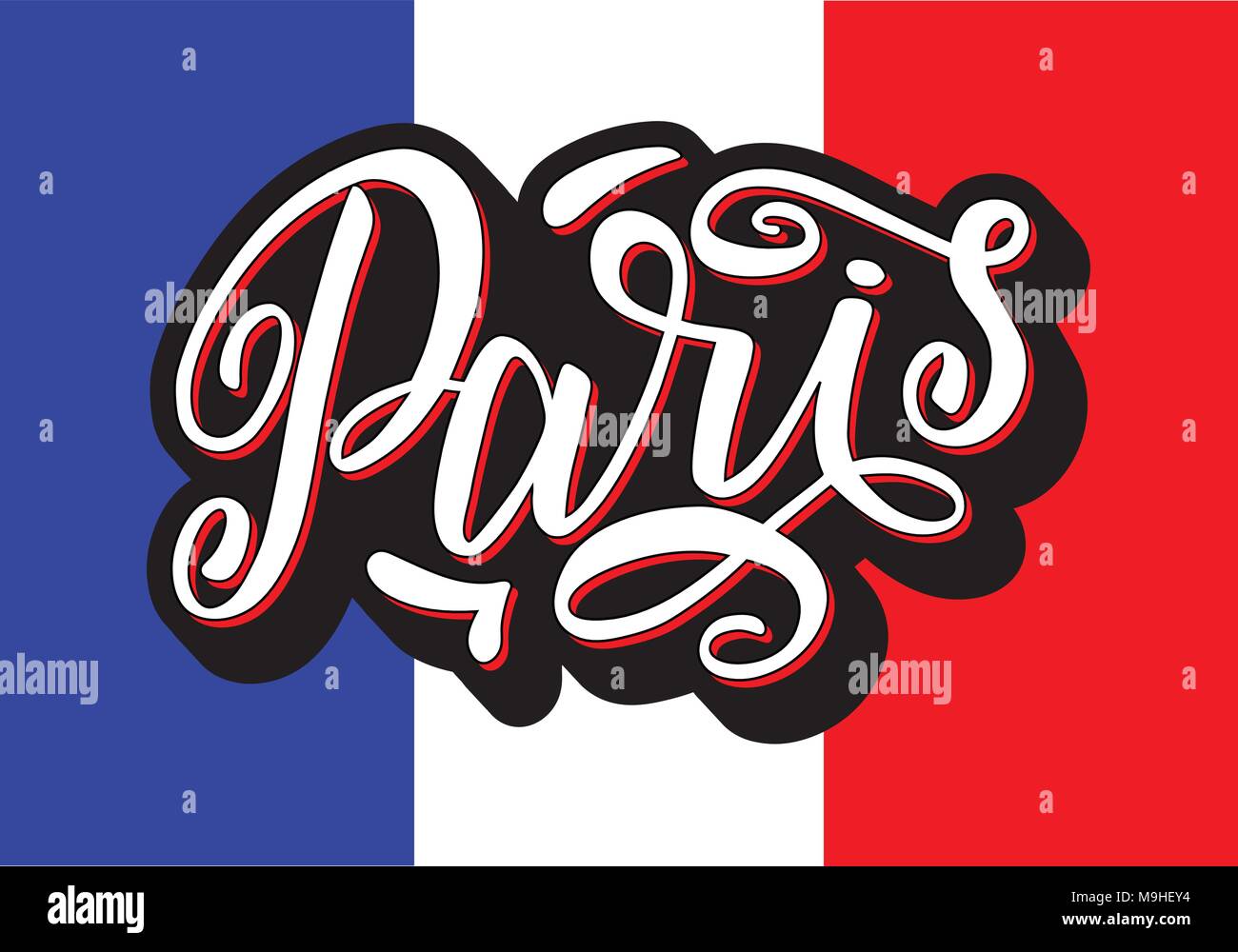 Handwritten inscription Paris on colors of the national flag of France ...