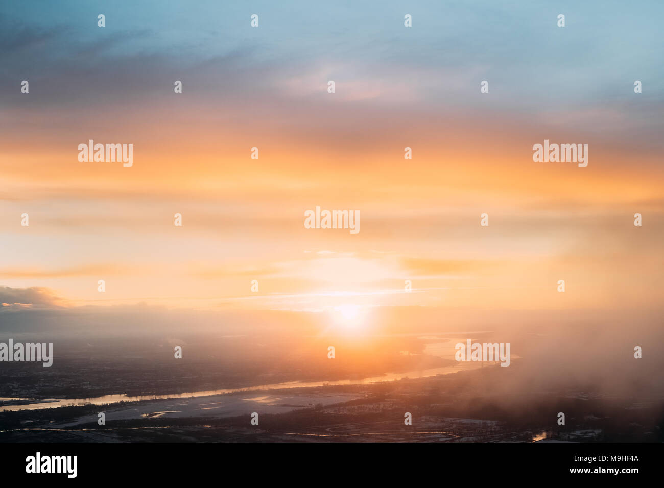 Top View Of Sunset Sunrise Over Earth. Aerial View From High Altitude ...