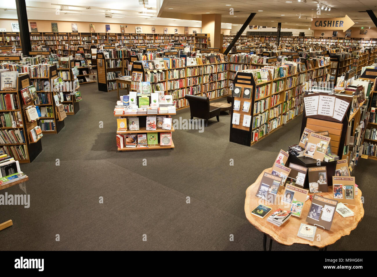 Interior of a large bookstore showing multiple racks of books Stock ...