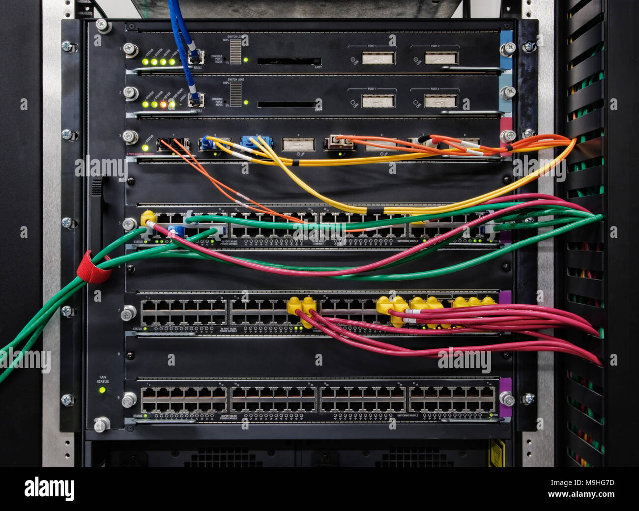 Cat 5 cables plugged into an individual server in a computer server ...