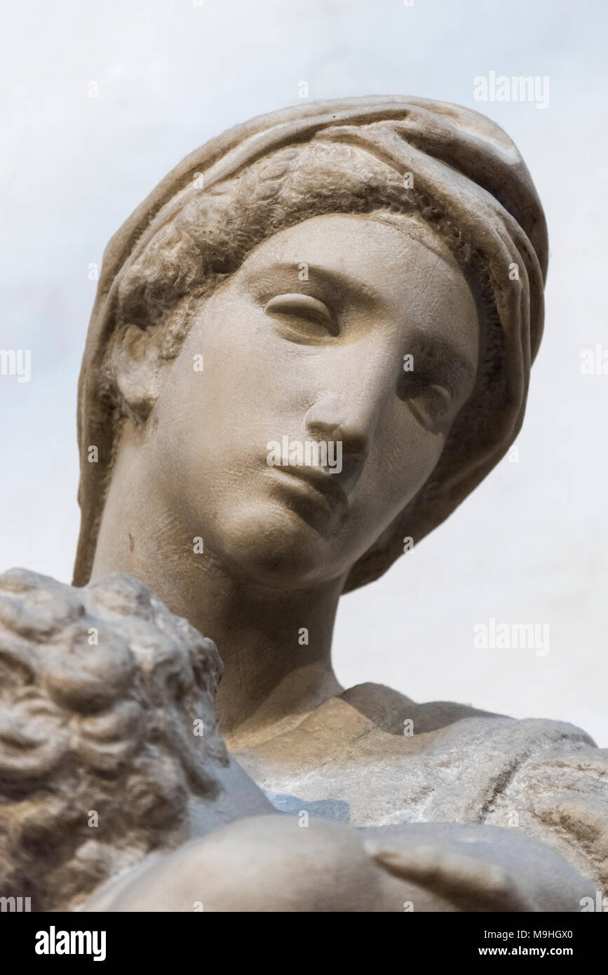 Florence. Italy. Medici Madonna (detail), by Michelangelo, on the tomb ...
