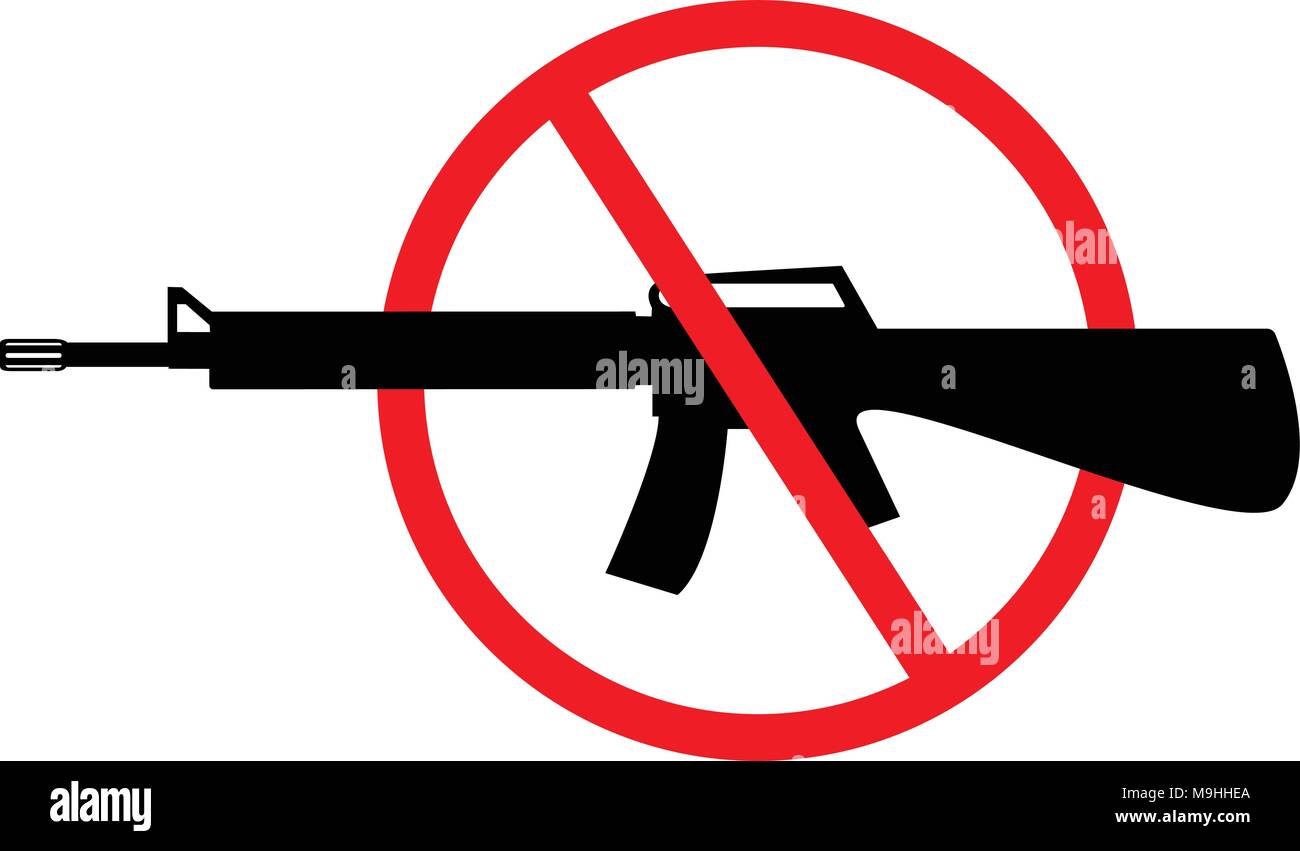 Silhouette of assault rifle with red sign over it. Vector illustration ...