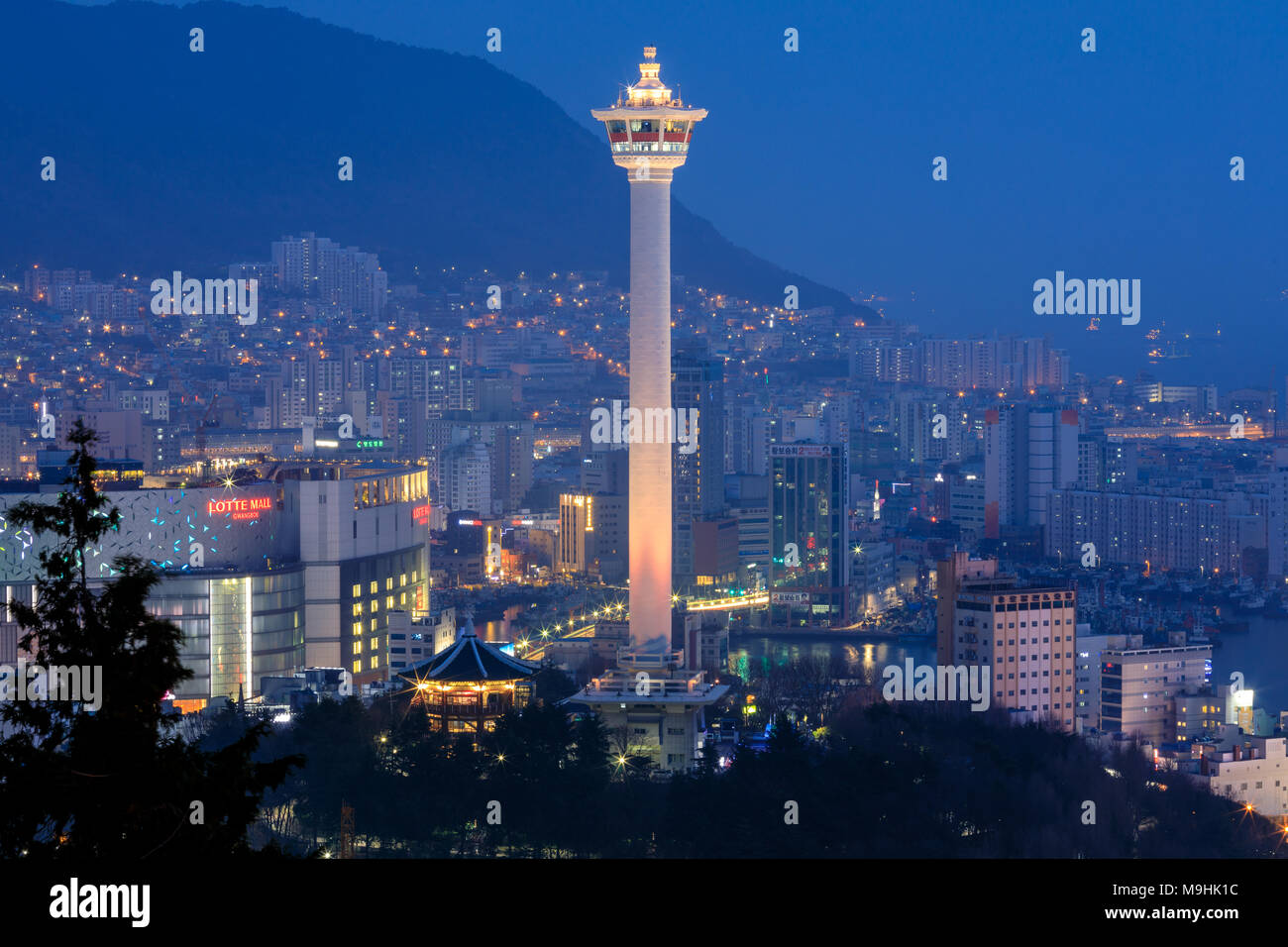 Busan city skylight and Busan tower at night in Korea Stock Photo - Alamy
