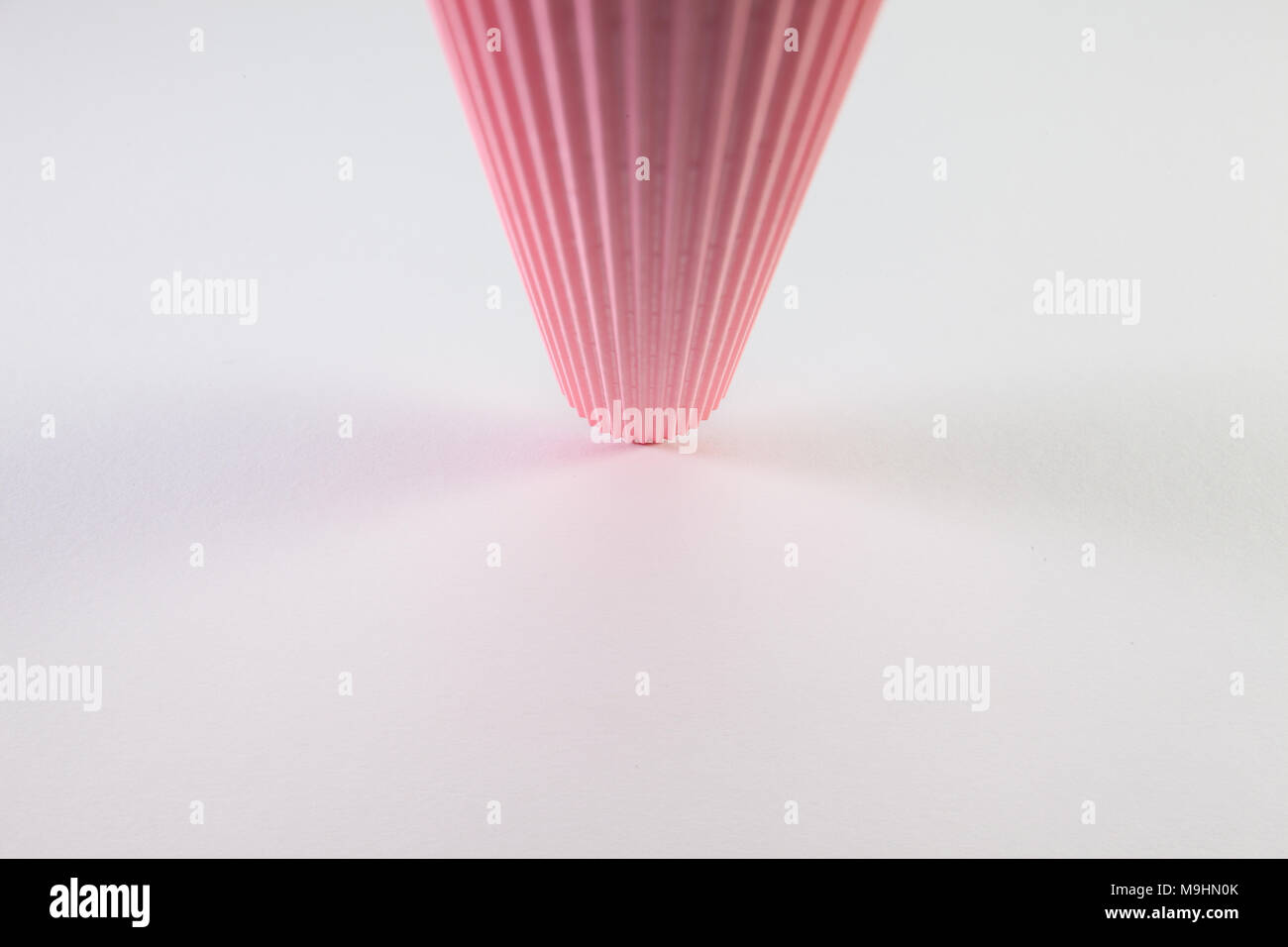 Corrugated pink paper roll on the white desk. Symmetry composition ...