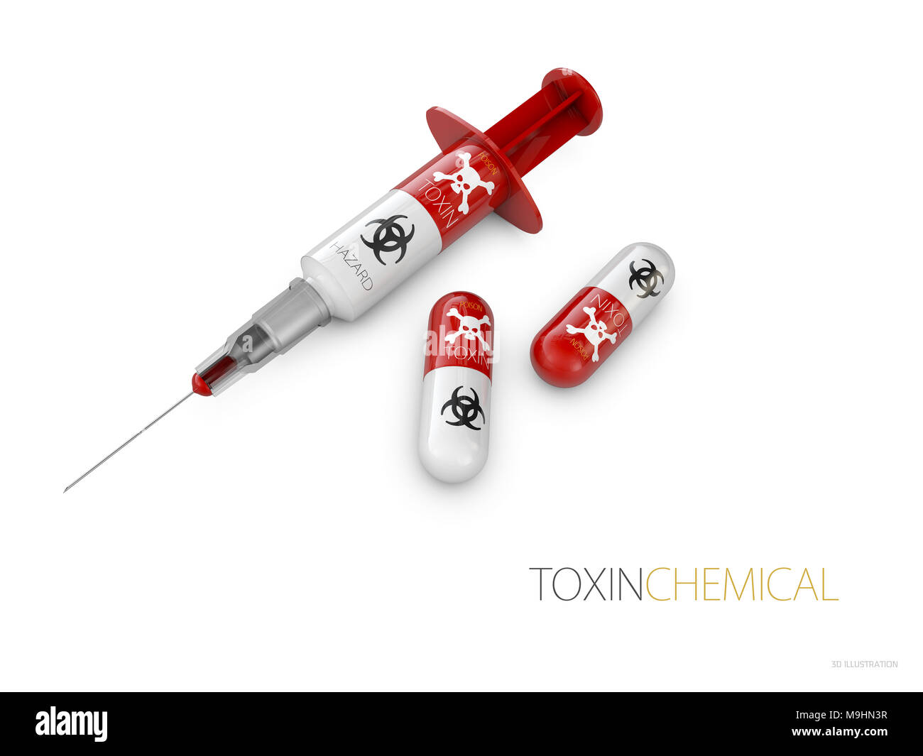 Pills and Syringe Toxin with a skull as the brand logo. 3d illustration ...