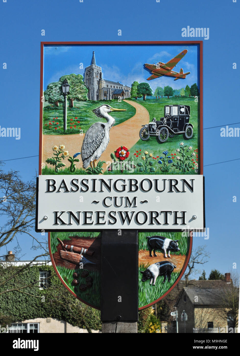 Village sign, Bassingbourn-cum-Kneesworth, Cambridgeshire, England, UK ...