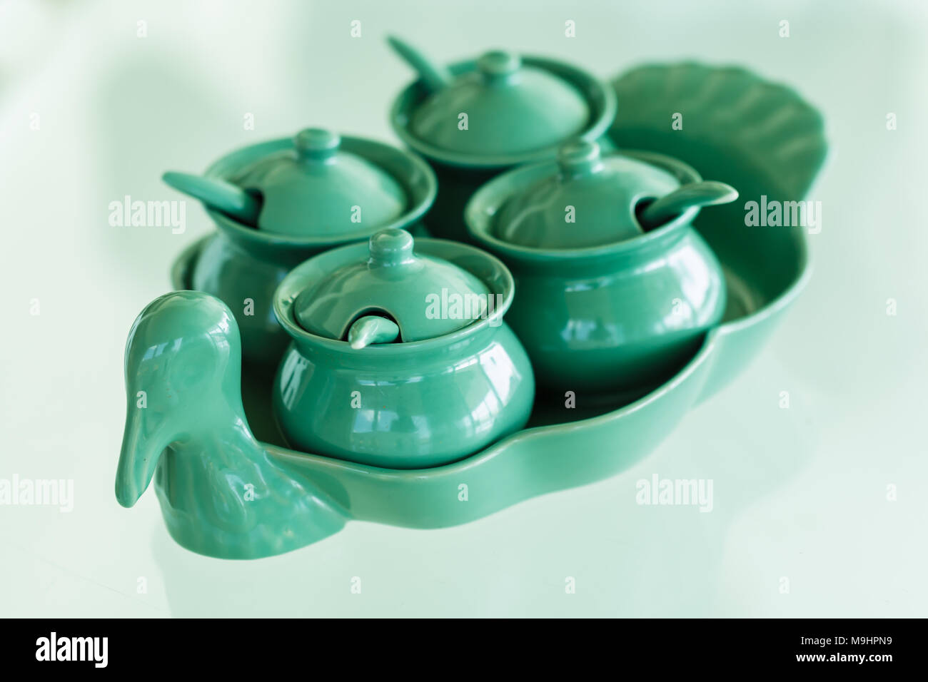 Thai Condiment for noodle or pad thai in ceramic set on glass table ...