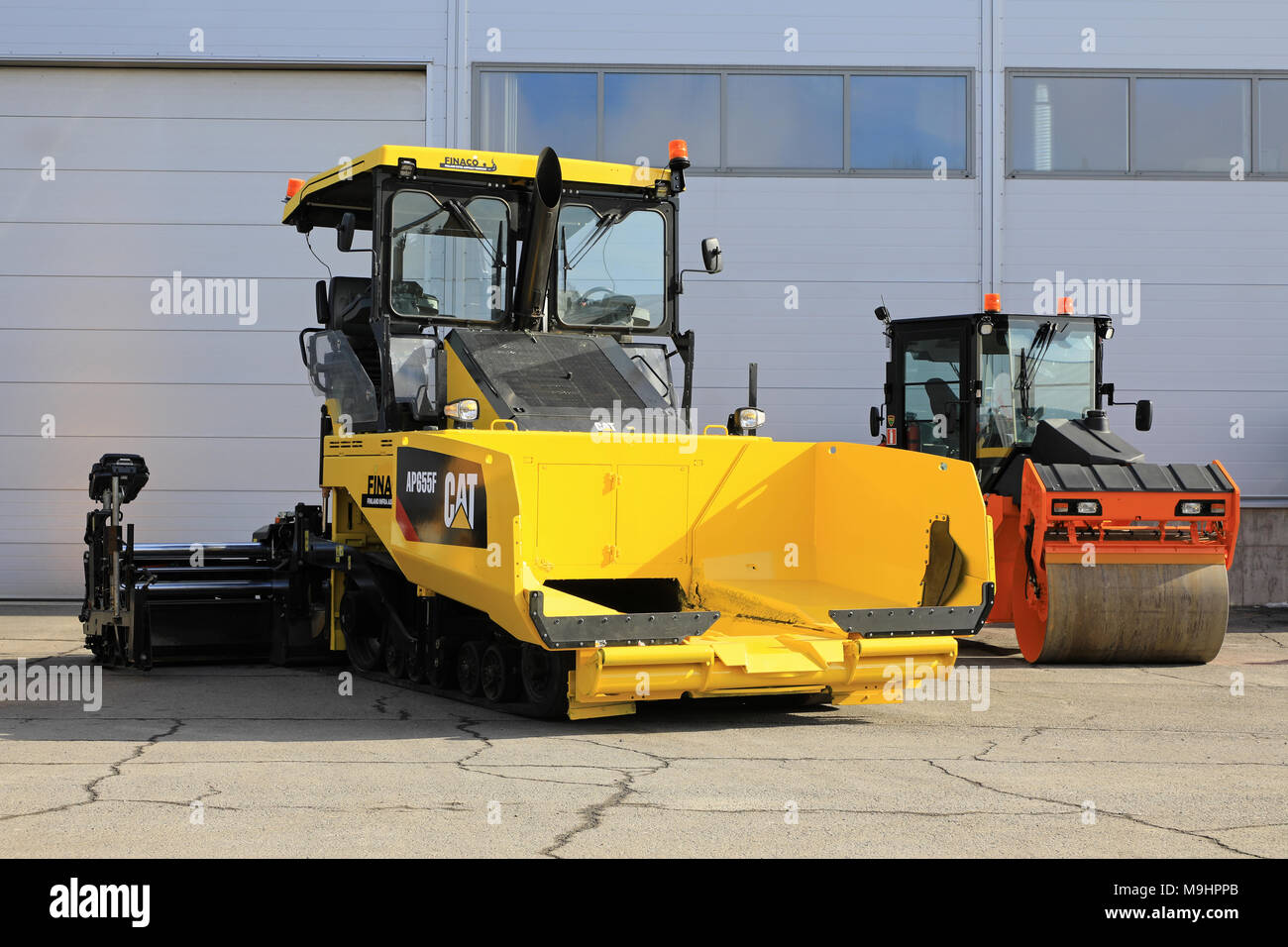 LIETO, FINLAND - MARCH 24, 2018: New Cat AP655F rubber tracked asphalt ...
