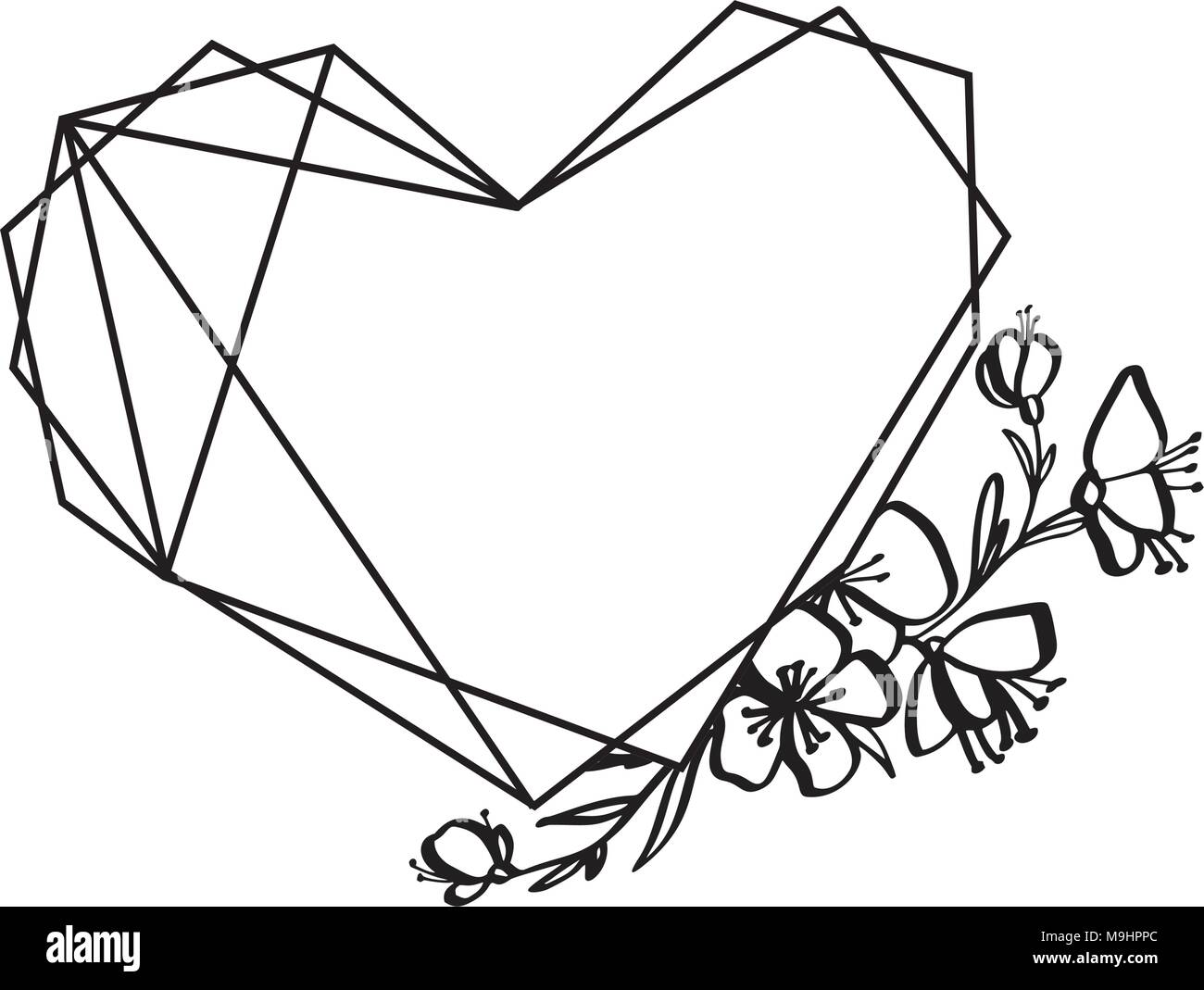 Graphic floral geometry heart frame. Vector leaves and flowers in cute ...