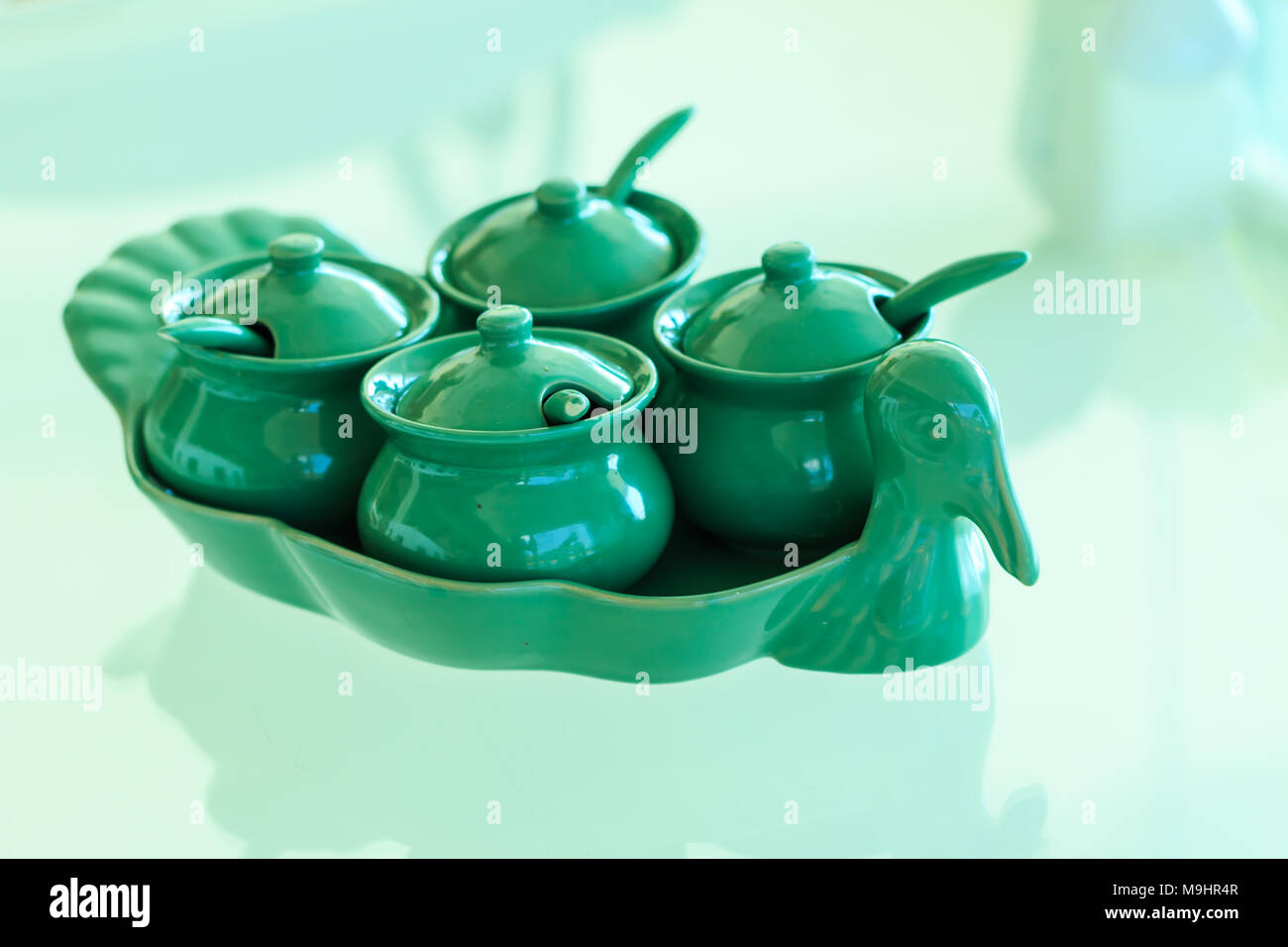 Thai Condiment for noodle or pad thai in ceramic set on glass table ...