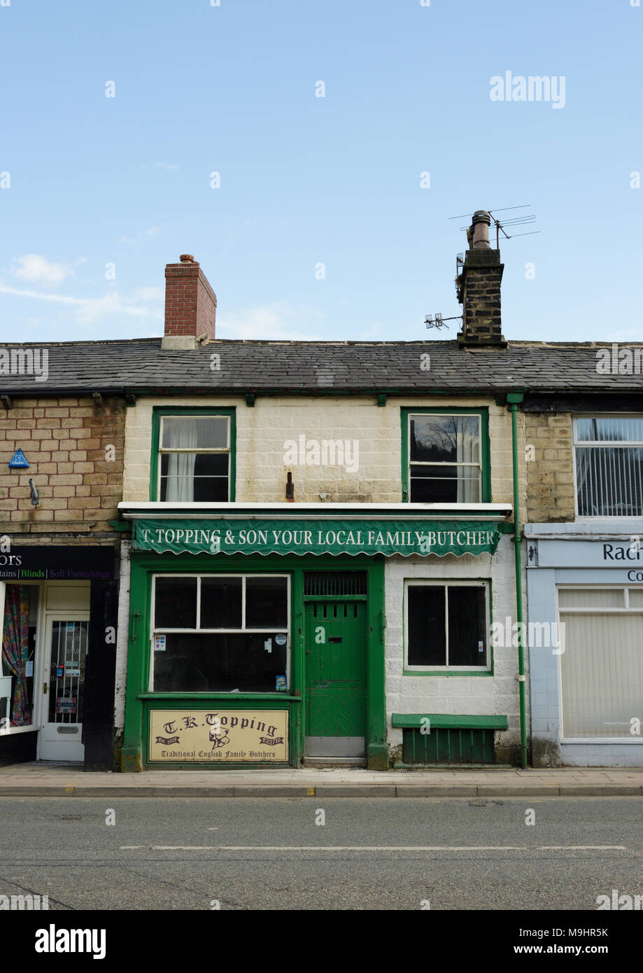 Stone terraced former butcher shop front in Ramsbottom lancashire uk ...