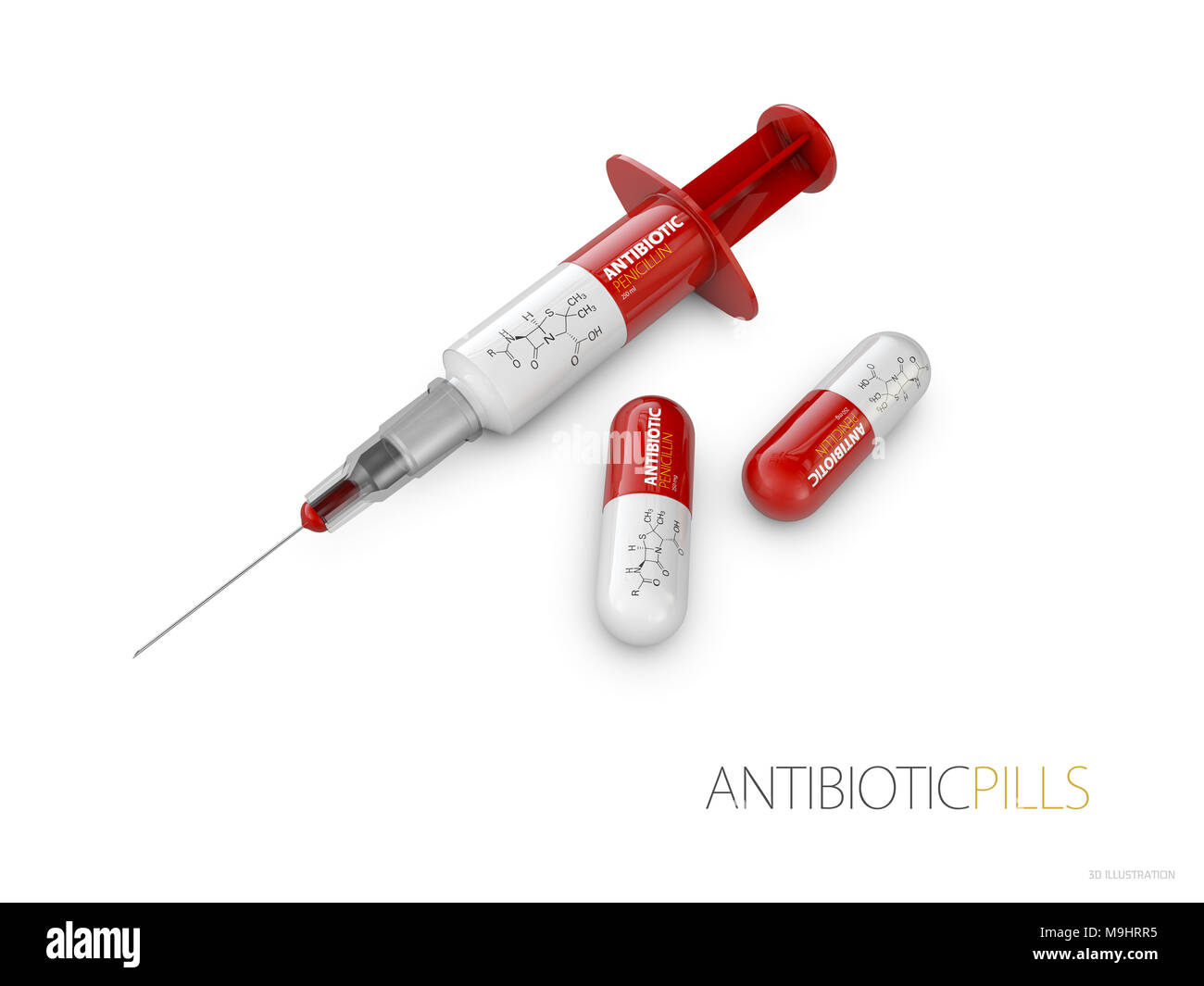 Red pills and Syringe of Penicillin, isolated white 3d Illustration ...
