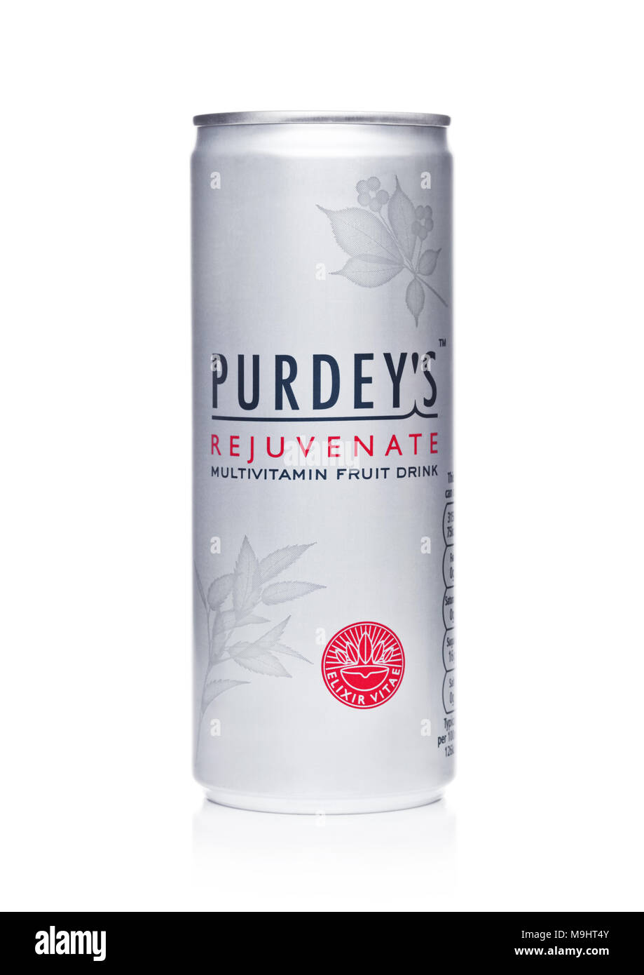 LONDON, UK -MARCH 22, 2018:Aluminium can of Purdey's multivitamin juice ...