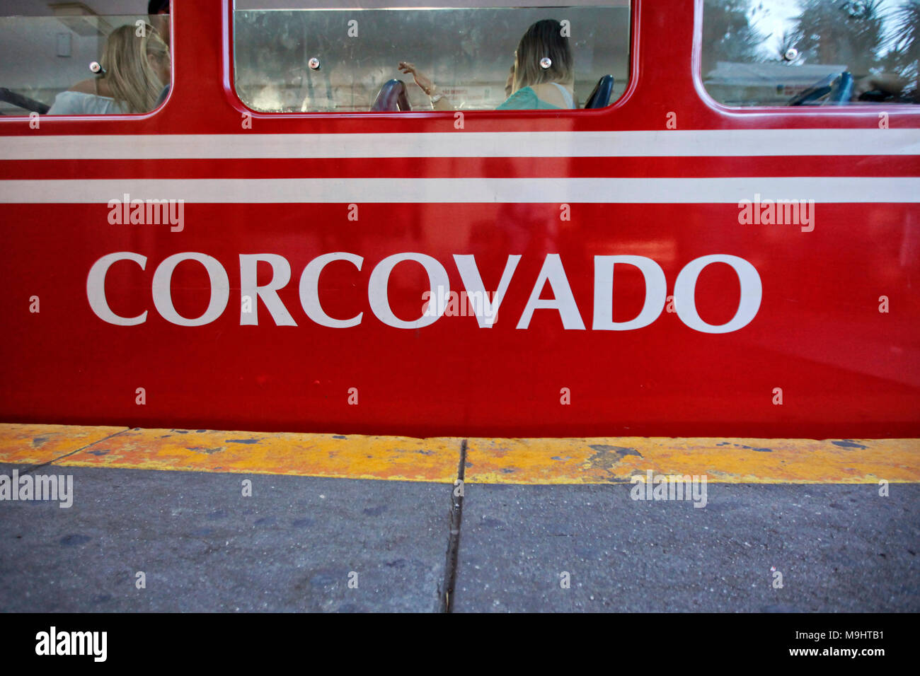 Cable car on the Corcovado for going to the Christ the Redeemer. The ...