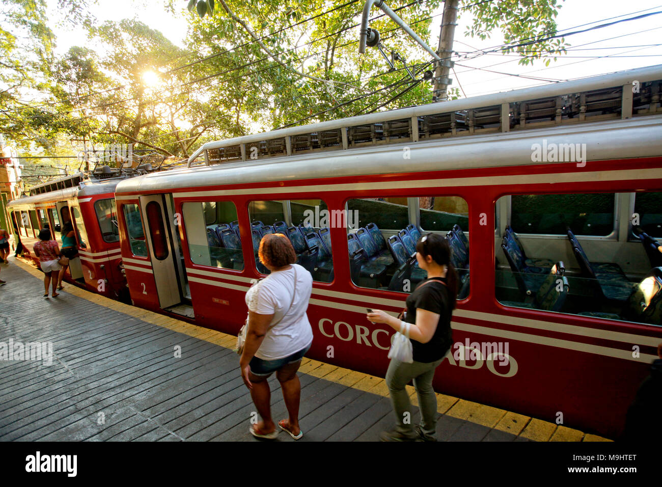 Cable car on the Corcovado for going to the Christ the Redeemer. The ...