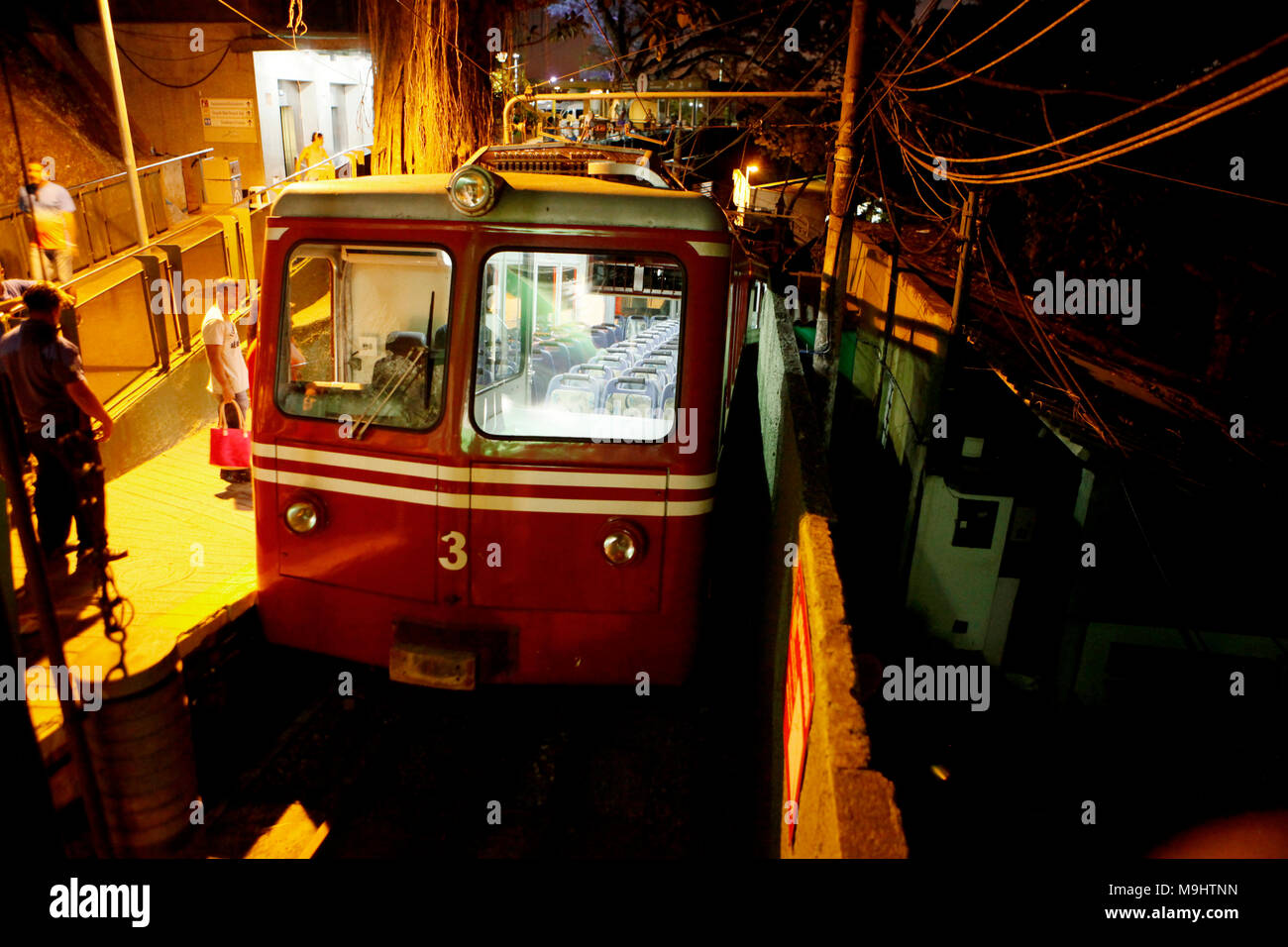Cable car on the Corcovado for going to the Christ the Redeemer. The ...