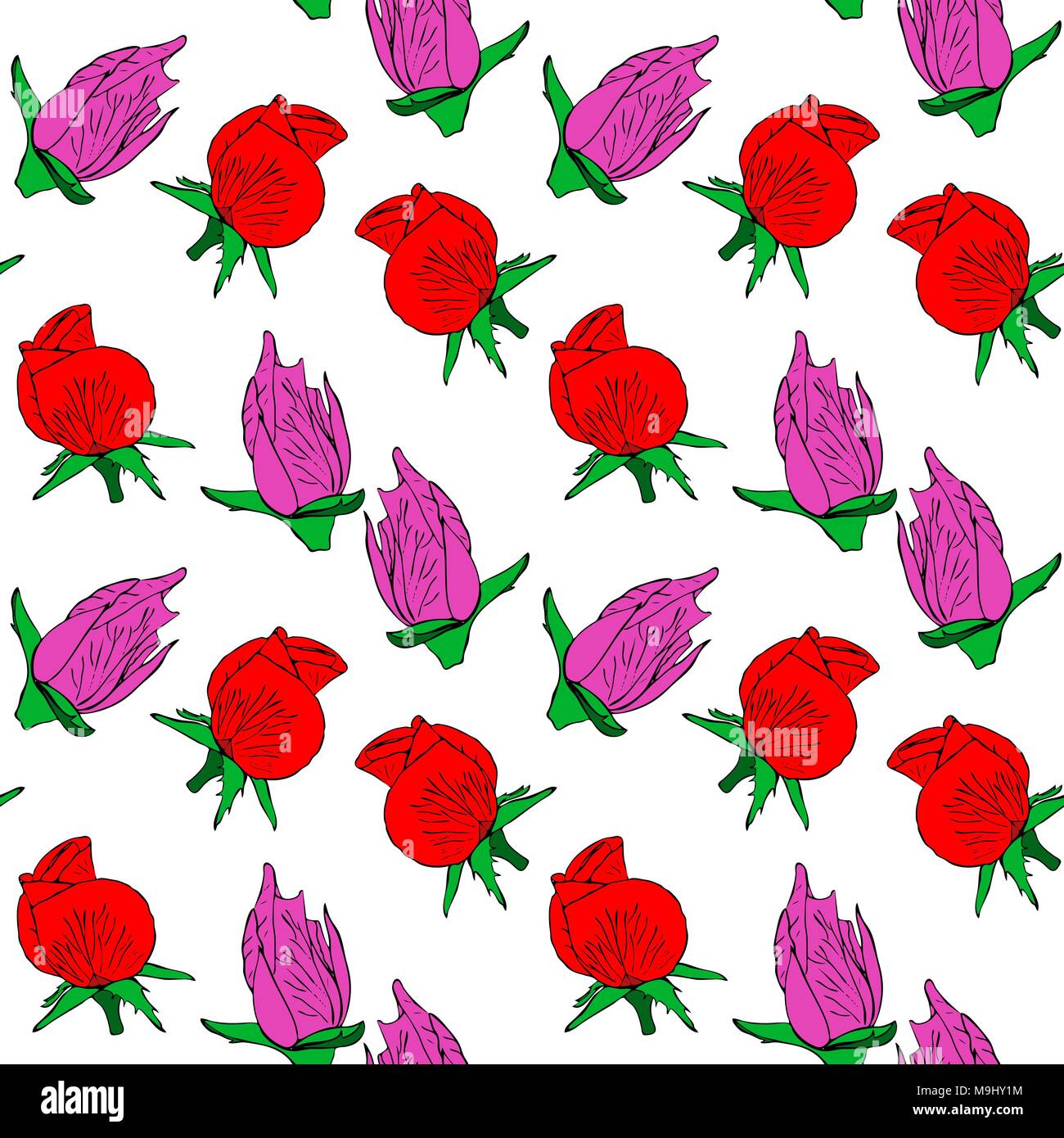 buds of a red and pink rose, a repeating seamless pattern on a white ...