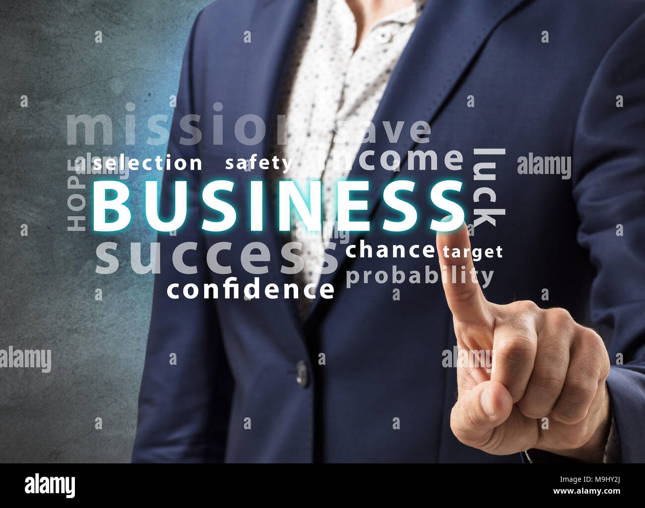 Businessman point on group of business words Stock Photo - Alamy