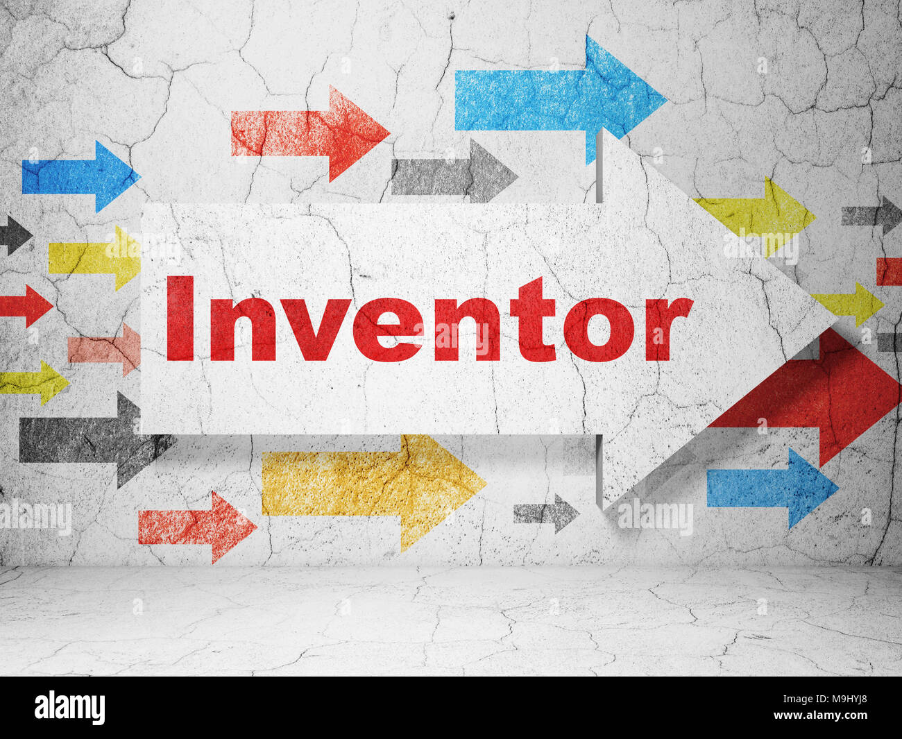 Science concept: arrow with Inventor on grunge wall background Stock Photo - Alamy