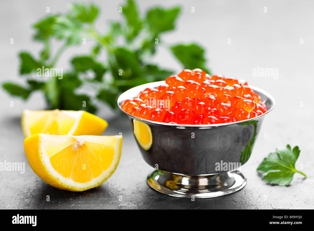 Red salmon fish caviar, salmon caviar in metal bowl. Caviar. Selective ...