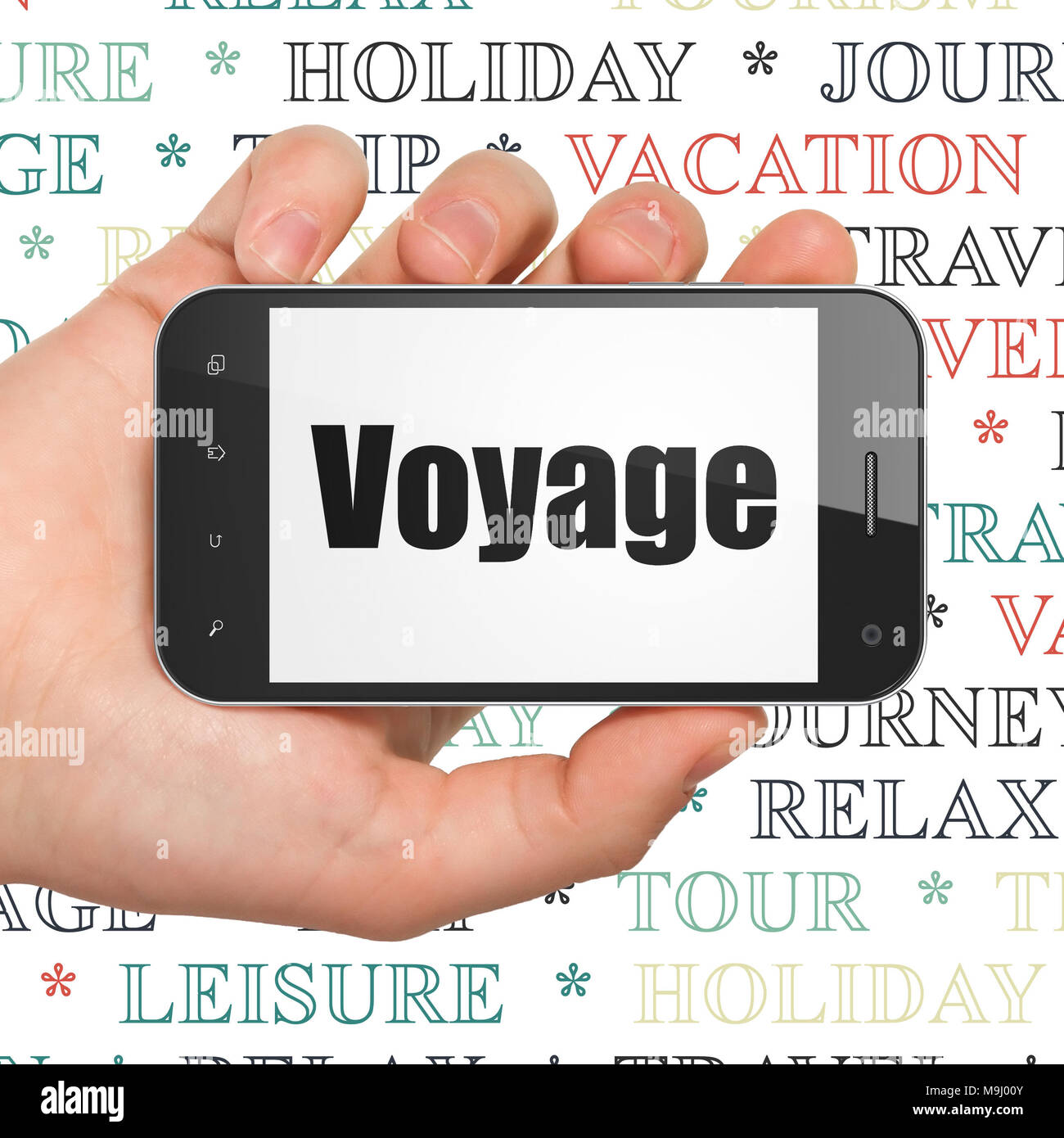 Vacation concept: Hand Holding Smartphone with Voyage on display Stock ...