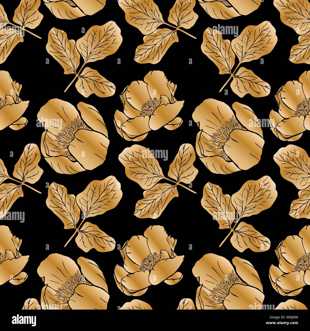 golden blooming peonies and leaves on black background, seamless ...