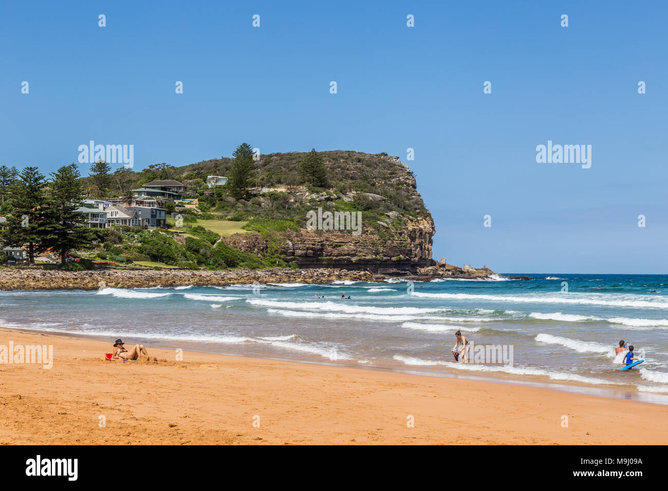 View of Avalon Beach, NSW, Australia, showing people enjoying the beach ...