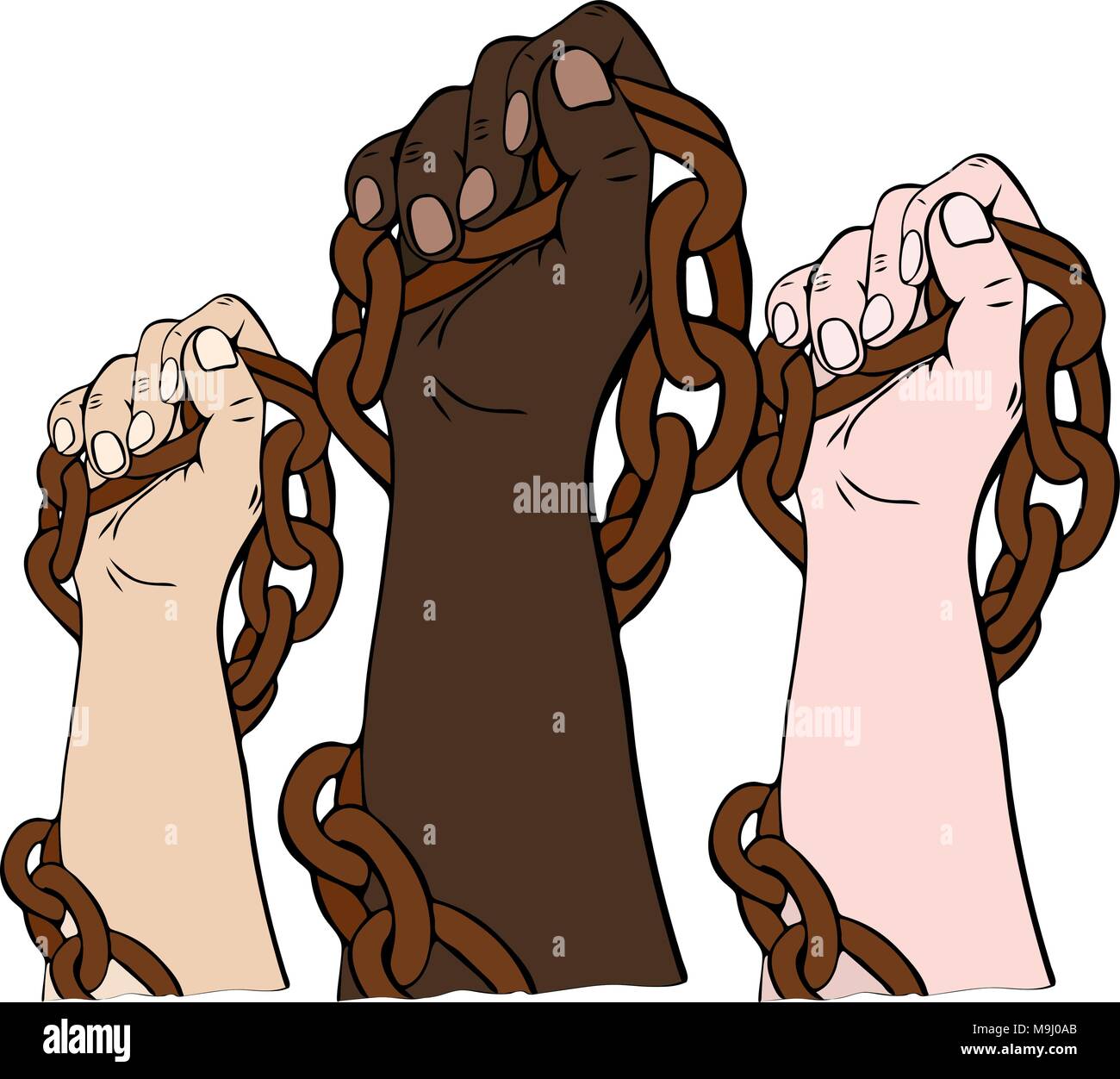 the hands of different races hold the iron chain and are raised upwards ...