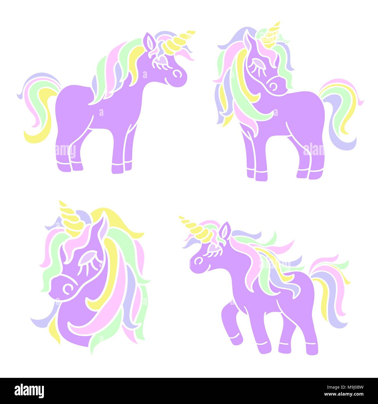 Magic purple unicorn set on the white background Stock Vector Image ...