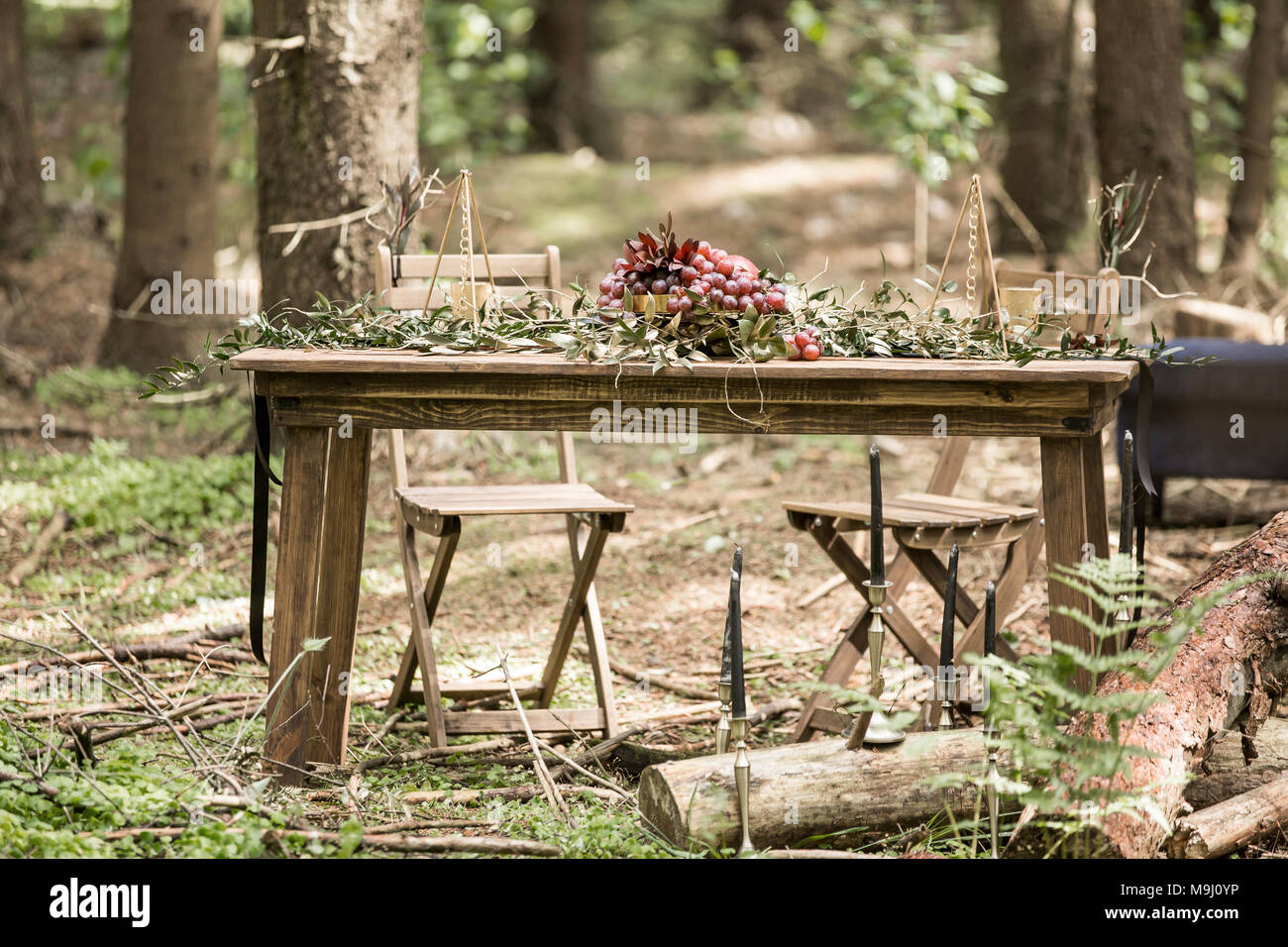 fruit,olive branches and candles on the picnic table in the woods Stock ...