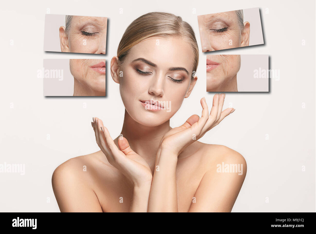 Comparison. Portrait of beautiful woman with problem and clean skin ...